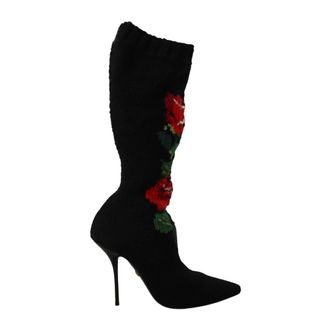 Dolce & Gabbana Blumenbestickte Strickstiefel - - Shoes - Damen - Schwarzk - 38 1/2 EU