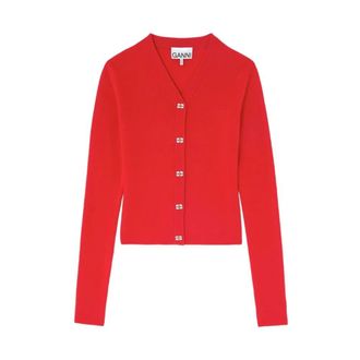 Ganni Mini Cardigan aus gerippter Merinowolle - - Knitwear - Damen - Rot - L