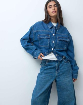 Asos surchemise utilitaire en jean d&eacute;lavage rinse, ensemble 2 pi&egrave;ces-Bleu