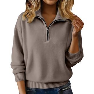 Generic Pull en casmere &agrave; fermeture &eacute;clair 1/4 pour femme - Col montant - Manches longues - Coupe ample - D&eacute;contract&eacute; - Hiver - Confortable, camel, XXL
