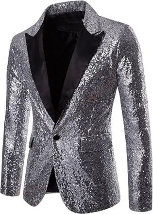 Generic Robe de bal des ann&eacute;es 80 &agrave; paillettes pour homme avec queue-de-morue Disco Robe de soir&eacute;e veste &agrave; paillettes brillantes Blazer pour homme, Argent&eacute;., 