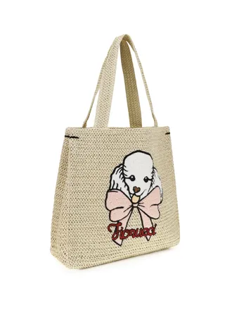 Fiorucci Womens Raffia Tote Bag With Poodle Beige Paper; Cotton Shoulder
