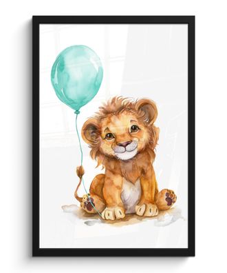MuchoWow &copy; Bilder mit Rahmen 40x60 cm Poster Wanddekoration Wohnzimmer Deko Modern Geschenke Bilderrahmen L&ouml;we - Luftballon - Blau - Junge - Kinder - Aquarell