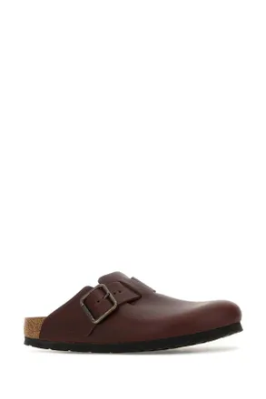 Birkenstock Mens Burgundy Leather Boston Slippers Wood Flat Shoes