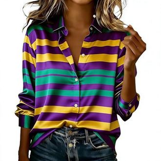 Generic Tenue de Mardi Gras pour femme avec col &agrave; revers et col en V boutonn&eacute; en soie ray&eacute;e sans plis - Chemisier daffaires d&eacute;contract&eacute; pour le bureau, le tra