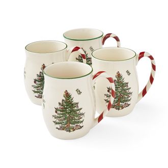 Portmeirion Home & Gifts Spode Becher mit Weihnachtsbaum-Motiv und Zuckerstangen-Griffen, Set mit 4 St&uuml;ck