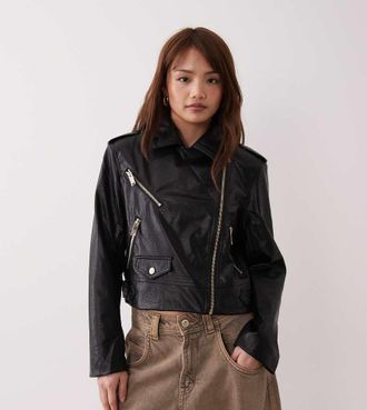 River Island Petite River Island - Blouson style motard court &agrave; ceinture - Noir