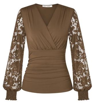 Grace Karin Femme &Eacute;l&eacute;gant Haut Dentelle Col V Crois&eacute; Sexy Blouse Portefeuille Pliss&eacute; Ajust&eacute; Festif