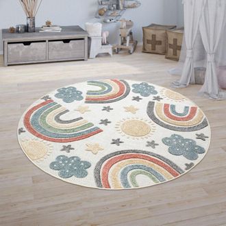 Paco Home Paco Home Tapis Chambre Enfant Tapis De Jeux Gar&ccedil;on Fille 3D Motif Arc-En-Ciel Beige 200 cm rond