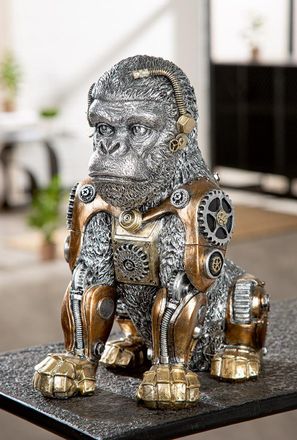 Gilde Figur Steampunk Gorilla aus Kunstharz, silberfarben, antikfinish, metallische Optik, Zahnr&auml;dermotiv, 31 cm hoch