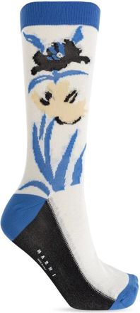 Marni Femme, Sous-v&ecirc;tements, Bleu, Taille: M Chaussettes en coton et nylon avec intarsia de fleurs
