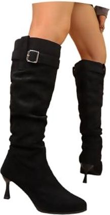 Generic Bottes hautes femme &eacute;l&eacute;gantes &agrave; talon aiguille avec motif froiss&eacute; et brides de cheville ajustables pour une affin&eacute;e (Black, 41)