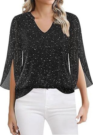 Generic Chemisier du Nouvel An pour femme - Haut festif &agrave; manches trompettes - Col en V - Tunique ample - Pour les loisirs, les f&ecirc;tes, les festivals, le Nouve