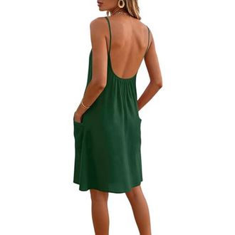 Generic Robe d&eacute;t&eacute; pour femme - Robe de plage l&eacute;g&egrave;re avec col en V et dos profond - Robe de plage boh&egrave;me douce &agrave; bretelles spaghetti avec poches - Robe d&eacute;t&eacute; fl