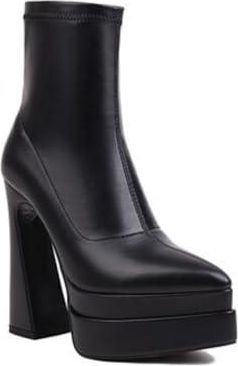 Generic Femmes Bout Pointu Plate-Forme Bottes Courtes Talons Épais Hauts Cuir PU Bottines Cuir PU Bottines Chelsea avec Fermeture Éclair,Noir,38.5 EU