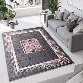 Tapiso Dream Tapis de Salon Chambre Salle &agrave; Manger Adulte Bureau Design Moderne Gris Rouge G&eacute;om&eacute;trique Motif Floral Vitre Bordure Poil Court Fin Doux L&eacute;ger R