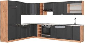 Vicco Küchenschränke Fame-Line, Anthrazit Landhaus/Goldkraft Eiche, 347 x 257 cm, ap Marmor