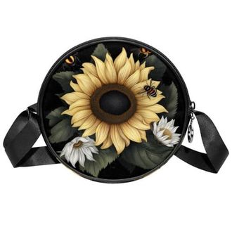 Generic Petit sac &agrave; bandouli&egrave;re rond pour femme, motif tournesol, abeille, sac &agrave; dos avec fermeture &eacute;clair, bretelles r&eacute;glables, sac &agrave; main rond d&eacute;contract&eacute; p