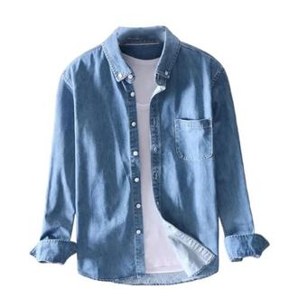 Generic Chemise en jean à manches longues dautomne en coton pour hommes, chemise en jean décontractée classique avec boutons à revers, noir foncé, XXL