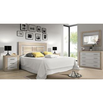 PEGANE Ensemble chambre &agrave; coucher, t&ecirc;te de lit + 2 tables chevets + commode + miroir mural coloris Ch&ecirc;ne cambrian, blanc -PEGANE