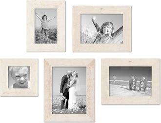 Photolini Bilderrahmen-Set Holz Wei&szlig;, 5er Rahmenset No.1 Echtholz-Rahmen rustikal, Strandhaus, Made in Germany, Echtglas, zum Aufh&auml;ngen, extra Zubeh&ouml;r - Treibho