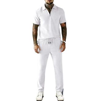 Generic Surv&ecirc;tement 2 pi&egrave;ces en velours c&ocirc;tel&eacute; &agrave; manches courtes et pantalon pour homme, blanc, XXL