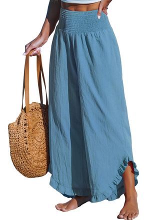 Cupshe Damen Hosen Gesmokt Baumwolle Lounge Hohe Taille Weites Bein Asymmetrischer Rüschen Sommerhose Elegant Lose Freizeithose, Stahlblau, XL