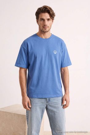 Trendyol MAN Herren Blau Landschaftsprint Kurz Oversize T-Shirts