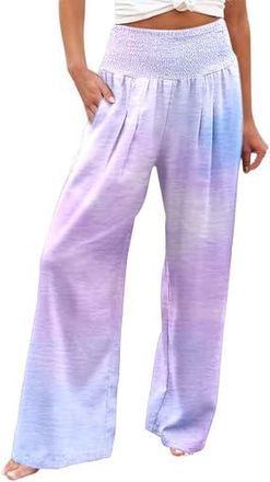 Generic Pantalon en coton et lin pour femme - Jambe large - Pantalon de plage d&eacute;t&eacute; confortable - Pantalon de yoga Palazzo - XIYU26091, violet fonc&eacute;, XXL