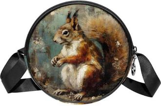 Generic Sac &agrave; bandouli&egrave;re rond pour femme, motif &eacute;cureuil vintage, petit sac &agrave; bandouli&egrave;re avec fermeture &eacute;clair, bretelles r&eacute;glables, sac &agrave; main rond d&eacute;contr