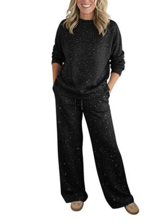 TOMWELL Surv&ecirc;tement Femme Paillettes Ensemble 2 Pi&egrave;ce Sport Jogging Manches Longues D&eacute;contract&eacute; Suit A Noir XS