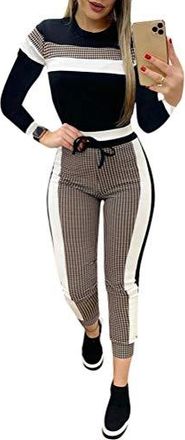 Onsoyours Survêtement Femme Rayé Ensemble Sportswear Fitness Ensemble de Sport Manche Courte/Longues Tenue de Sport Deux Pièces pour Jogging B Noir XS