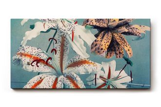 Paul Sinus Art Sinus Art Wandbild 100x50cm Exotische Lilien in Weiß, Orange und Braun auf blauem Hintergrund mit Vintage-Flair