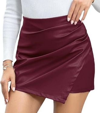 Generic Jupe Crayon Moulante Taille Haute en Similicuir pour Femme, Mini-Jupe Portefeuille avec Short, &Eacute;l&eacute;gante Jupe-Culotte Moulante Fronc&eacute;e pour Le Travail,
