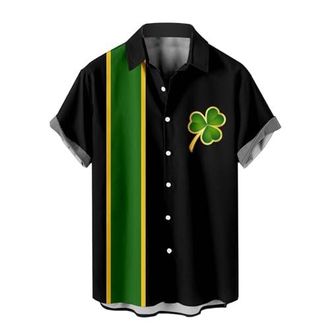 Generic DENGJIAMY Chemise Happy St Patrick Day pour homme Bloc de couleur Tr&egrave;fle Chemise boutonn&eacute;e Chapeau vert Tr&egrave;fle Manches courtes Grande taille Hauts de 
