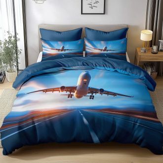 Generic Dunkelblau Bettwäsche Set, Modern Flugzeug Himmel Bettwäsche-Sets Weich Atmungsaktiv mit Reißverschluss Enthält 1 Bettbezug 135 x 200 cm und 1 Kissenb