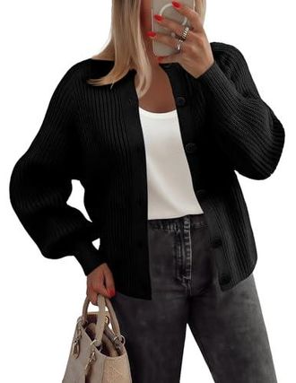 Zeagoo Cardigan court en tricot pour femme - Col rond - Open Front - Avec boutonni&egrave;re - &Eacute;l&eacute;gant et d&eacute;contract&eacute; - Pour femme, Noir, XXL