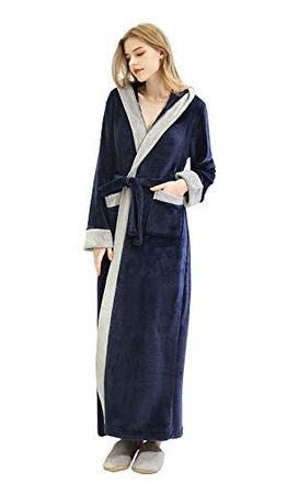 Feoya Peignoir Femme Homme à Capuche Robe de Chambre Polaire Hiver Chaud avec Ceinture Unisexe Peignoir de Bain Long en Flanelle pour Hiver Bleu Foncé Taill