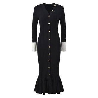 Generic Robe longue tricotée à manches longues et col en V pour femme, Noir, L