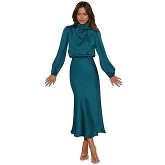 Generic Robe &eacute;l&eacute;gante en satin pour femme - Robe longue formelle &agrave; manches longues avec manches lanternes, ourlet en queue de poisson, taille haute, robe dinv