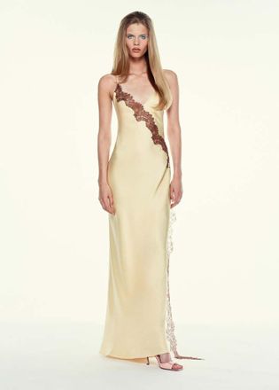 Mango Spitzenbesetztes Satin-Kleid pastellgelb - Damen - M - MANGO