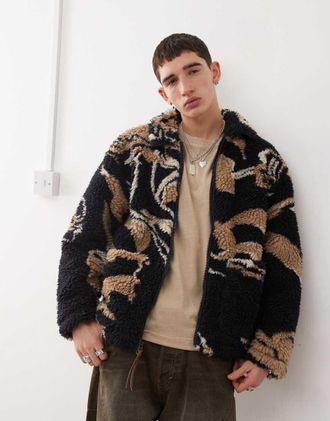 Obey Kunstfell-Jacke in Marineblau mit Pilz-Grafik