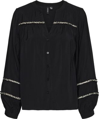 Vero Moda Damen VMDEMI Detail LS TOP WVN GA Langarmbluse, Black, X-Large