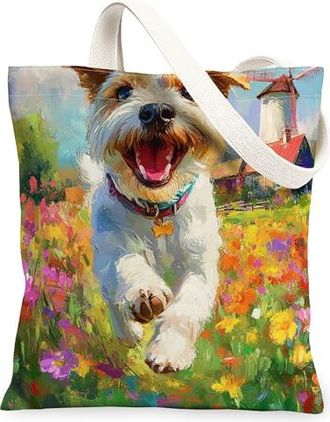 Generic Sac fourre-tout en toile motif chien Russell Terrier printanier 33 x 38,1 cm, sac d&eacute;picerie r&eacute;utilisable pour femme, motif floral amusant pour animaux
