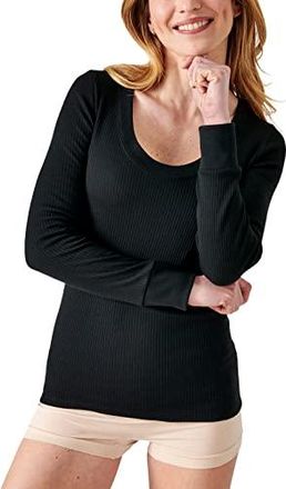 Damart T-Shirt Manches Longues Thermolactyl Col Rond Dégagé, Côtes Molletonnées, Femme, Noir, Taille S