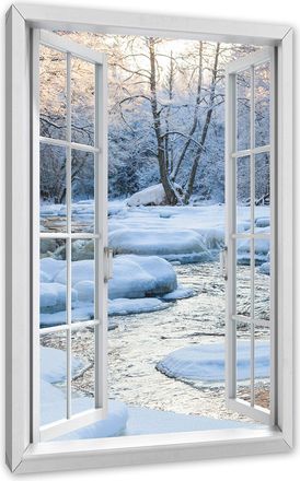Pixxprint Bach in Winterlandschaft, Fenster, Größe: 60x40cm, Leinwandbild, fertig gespannt, Wandbild, Dekoration, Kunstdruck, kein Poster