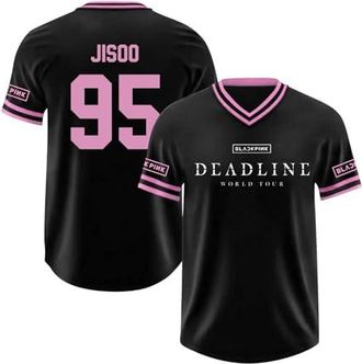 Generic Maillot de Baseball imprim&eacute; Noir et Rose Kpop Lisa Jennie Jisoo Rose, t-Shirt de Baseball Hip-hop &agrave; col en V pour Les Fans de Musique 03-5 L