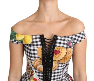 Dolce & Gabbana Womens Black & White Gingham With Sicily Print Blouse Silk Cotton