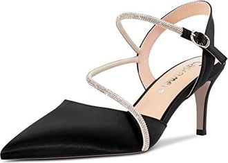 Castamere Femmes Mi Aiguille Talon Heel Pointu Bout Lani&egrave;res Cheville Sandales Diamant Cristal 6.5 CM Heels Noir Satin A 42 EU