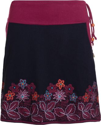 vishes Alternative Bekleidung - Damen Mini-Rock Baumwolle Blumen-Muster extra breiter Bund mit Kordel-Zug und Taschen mit Stickerei schwarz 32-34